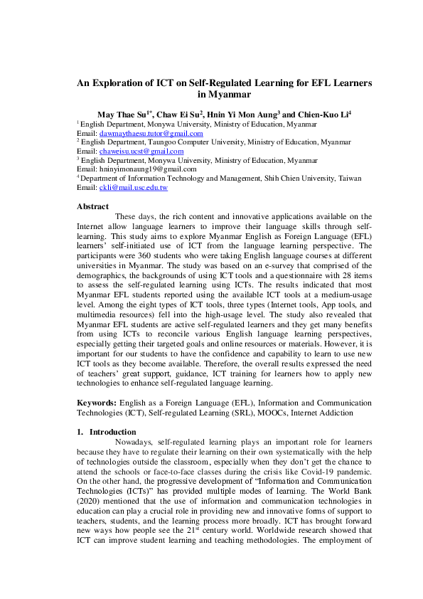 (PDF) An Exploration of ICT on Self-Regulated Learning for EFL Learners in Myanmar