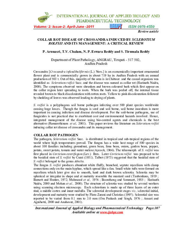 (PDF) COLLAR ROT DISEASE OF CROSSANDRA INDUCED BY SCLEROTIUM ROLFSII AND ITS MANAGEMENT: A ...