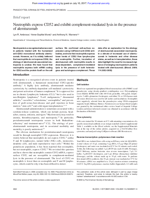 (PDF) Neutrophils express CD52 and exhibit complement-mediated lysis in ...
