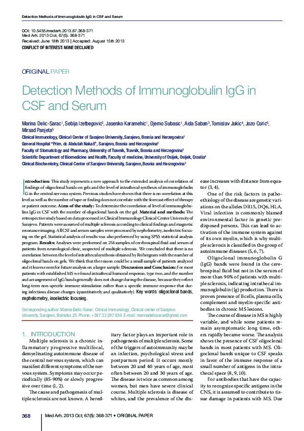 (PDF) Detection Methods of Immunoglobulin IgG in CSF and Serum