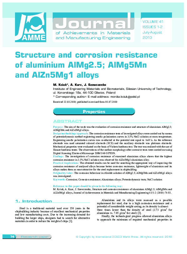 (PDF) Structure and corrosion resistance of aluminium AlMg2.5; AlMg5Mn ...
