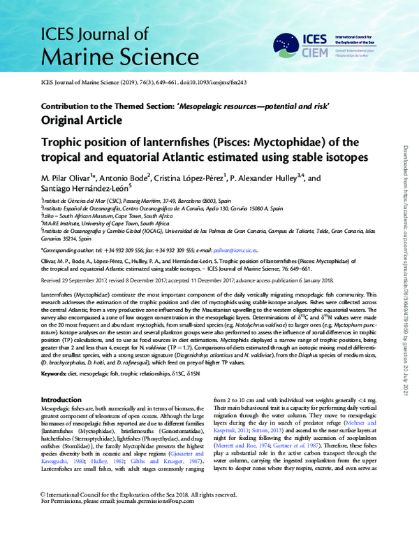 (PDF) Trophic position of lanternfishes (Pisces: Myctophidae) of the ...
