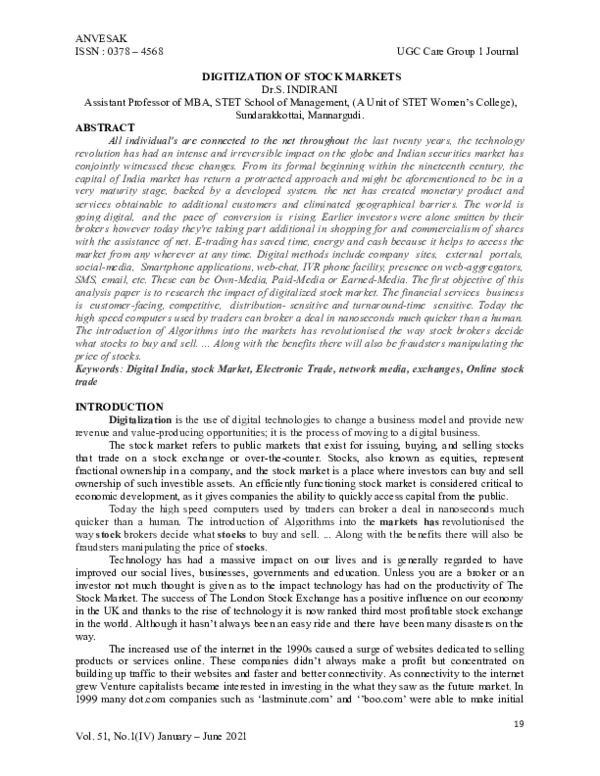 (PDF) Digitalizationn of Stock Market | INDU RANI - Academia.edu