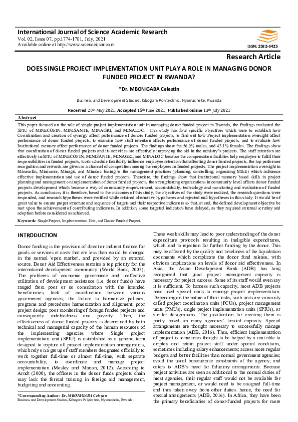 (PDF) DOES SINGLE PROJECT IMPLEMENTATION UNIT PLAY A ROLE IN MANAGING DONOR FUNDED PROJECT IN RWANDA
