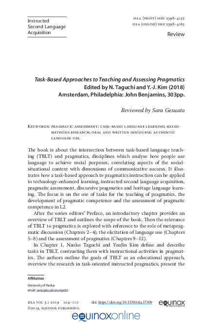 (PDF) Task-Based Approaches to Teaching and Assessing Pragmatics, edited by N. Taguchi and Y.-J ...