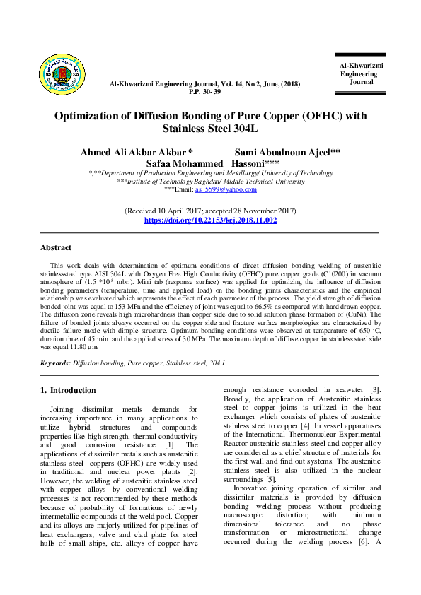 (PDF) Optimization of Diffusion Bonding of Pure Copper (OFHC) with Stainless Steel 304L