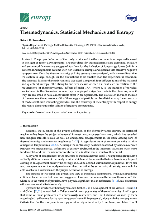 (PDF) Thermodynamics, Statistical Mechanics and Entropy