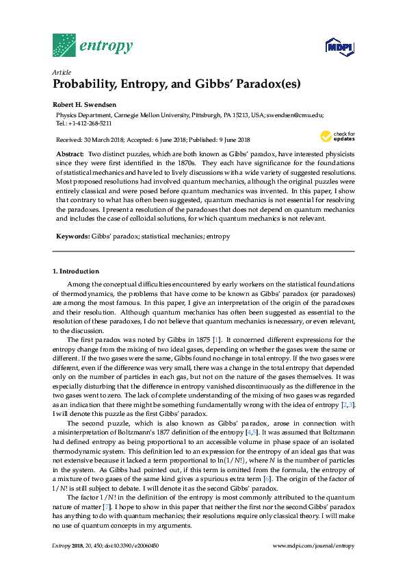 (PDF) Probability, Entropy, and Gibbs’ Paradox(es)