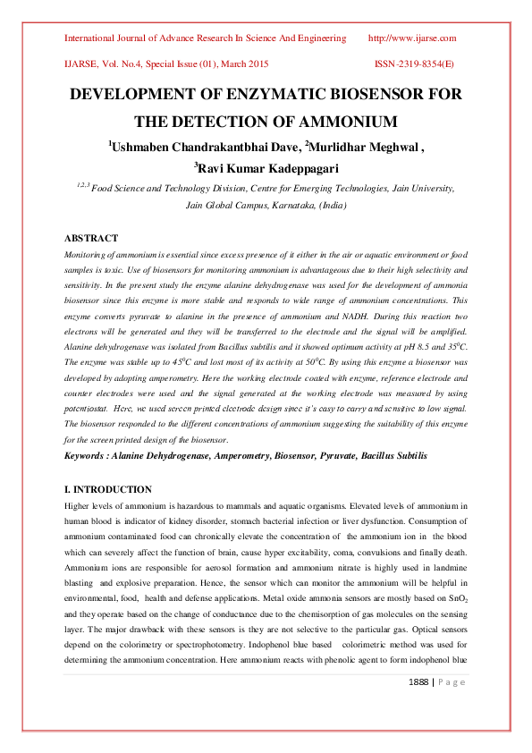 (PDF) Development of Enzymatic Biosensor for the Detection of Ammonium