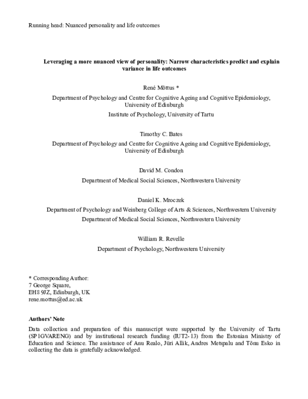 (PDF) Leveraging a more nuanced view of personality: Narrow ...