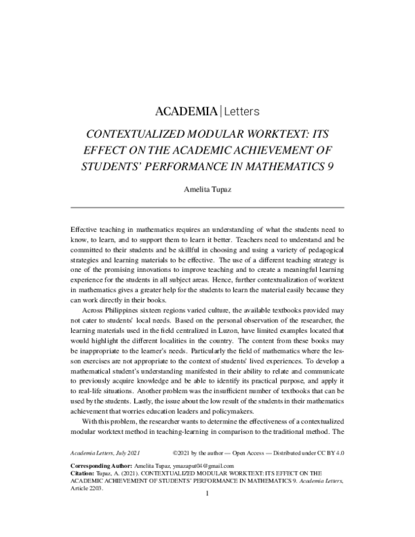 (PDF) CONTEXTUALIZED MODULAR WORKTEXT: ITS EFFECT ON THE ACADEMIC ...