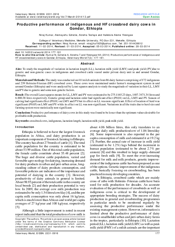 (PDF) Productive performance of indigenous and HF crossbred dairy cows in Gondar, Ethiopia