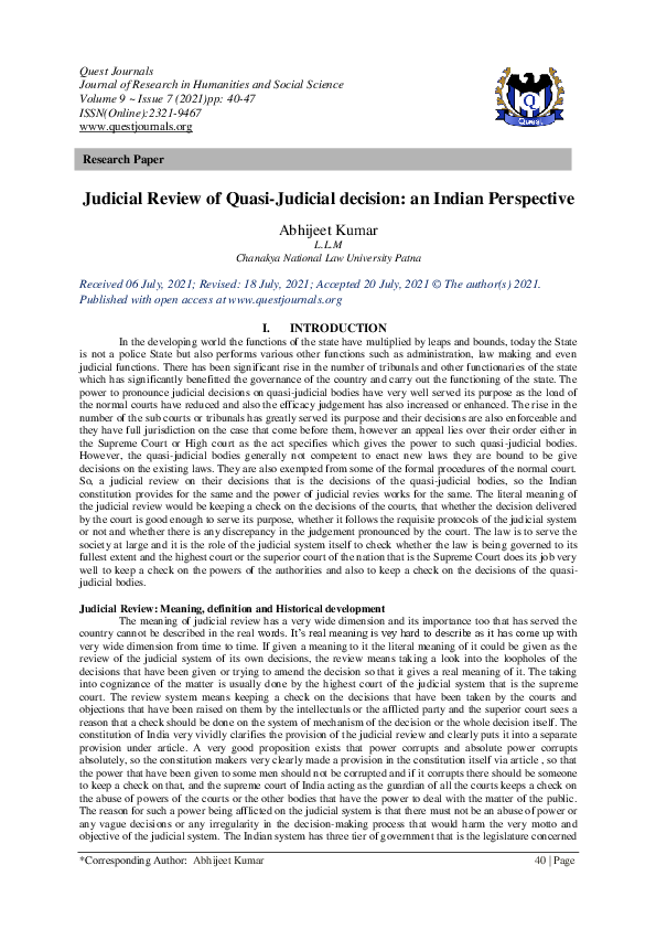 (PDF) Judicial Review of Quasi-Judicial decision: an Indian Perspective