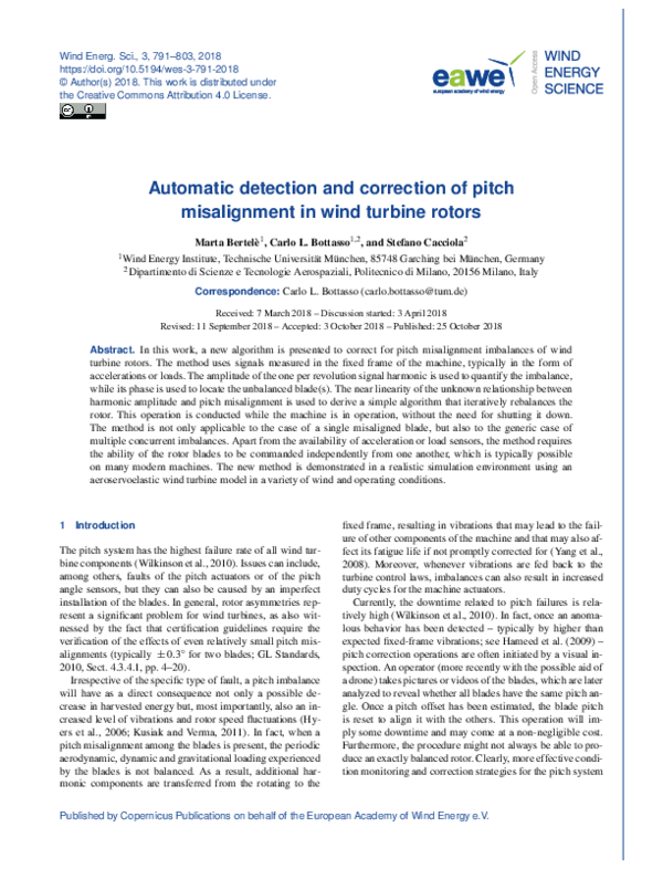 Pdf Automatic Detection And Correction Of Pitch Misalignment In Wind Turbine Rotors