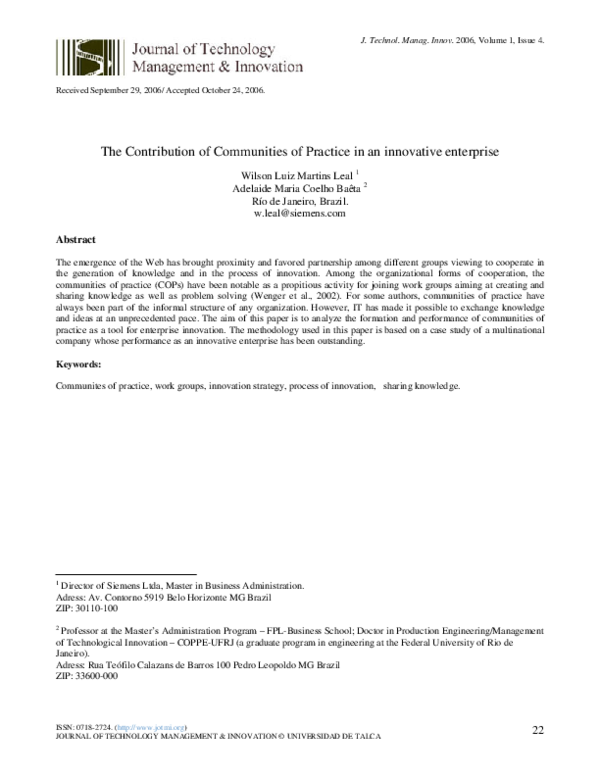 (PDF) The communities of practice in an innovative enterprise. The ...