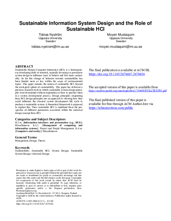 (PDF) Sustainable Information System Design and the Role of Sustainable HCI