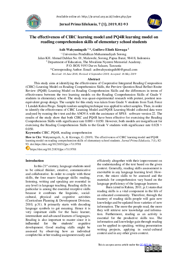 (PDF) The effectiveness of CIRC learning model and PQ4R learning model on reading comprehension ...