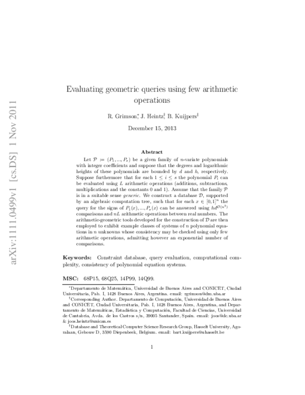 Pdf Evaluating Geometric Queries Using Few Arithmetic Operations