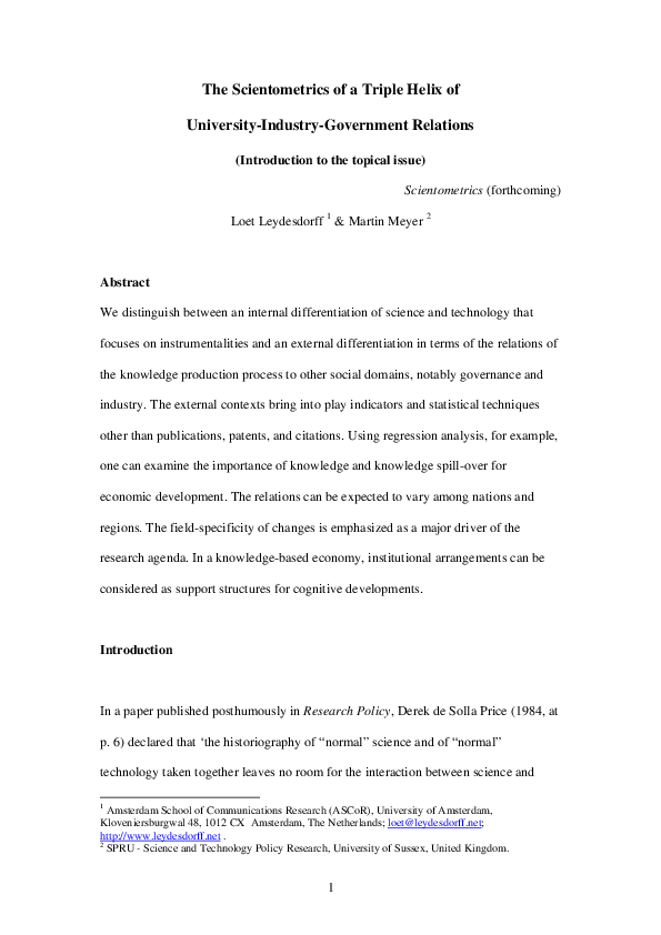 (PDF) The Scientometrics of a Triple Helix of University-Industry ...