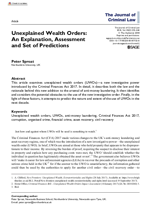 (PDF) Unexplained Wealth Orders | Peter Sproat - Academia.edu