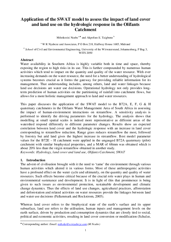 Pdf Application Of The Swat Model To Assess The Impact Of Land Cover