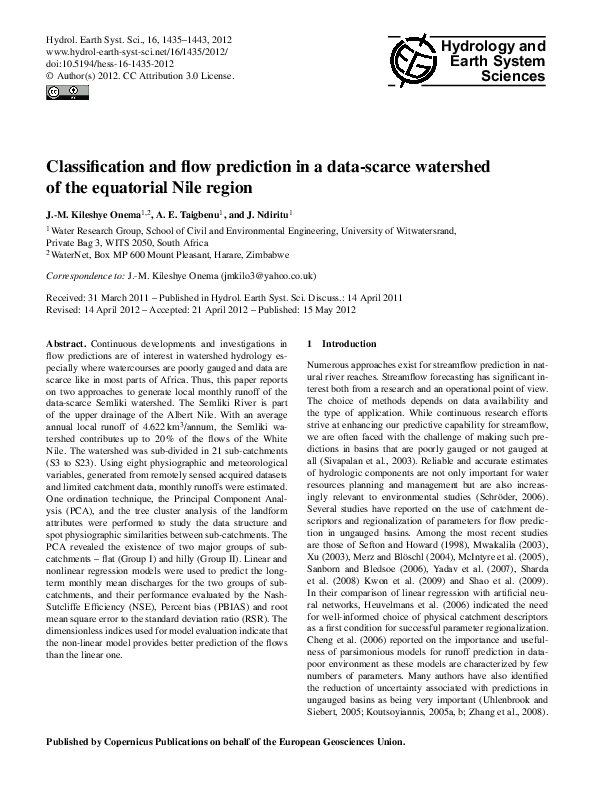(PDF) Classification and flow prediction in a data-scarce watershed of the equatorial Nile region