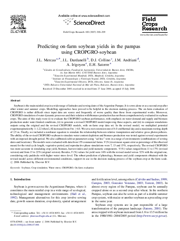 Pdf Predicting On Farm Soybean Yields In The Pampas Using Cropgro Soybean