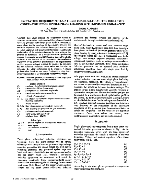 Pdf Excitation Requirements Of Three Phase Self Excited Induction Generator Under Single Phase