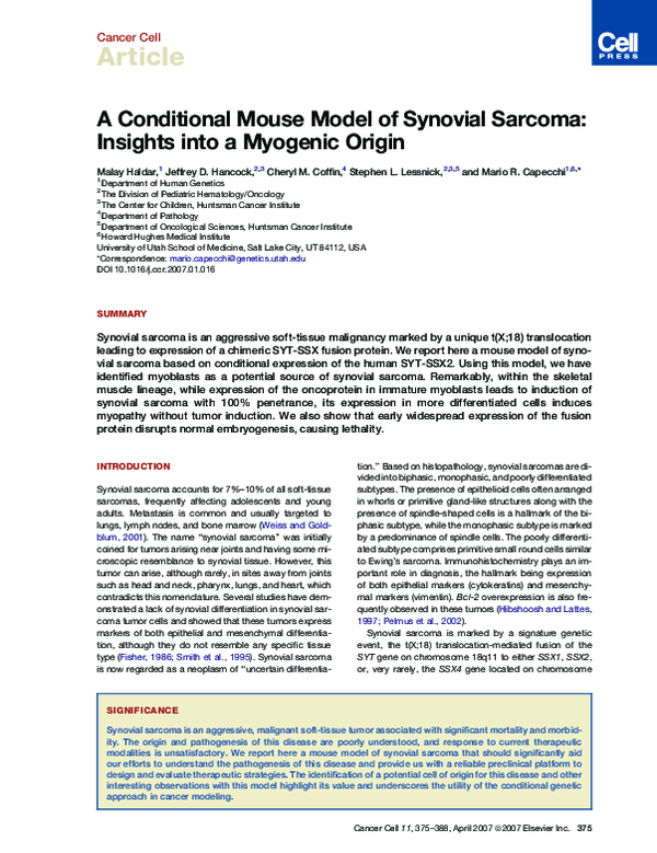 (PDF) A Conditional Mouse Model of Synovial Sarcoma: Insights into a ...