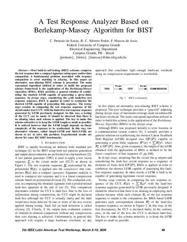 (PDF) A Test Response Analyzer Based on Berlekamp-Massey Algorithm for BIST