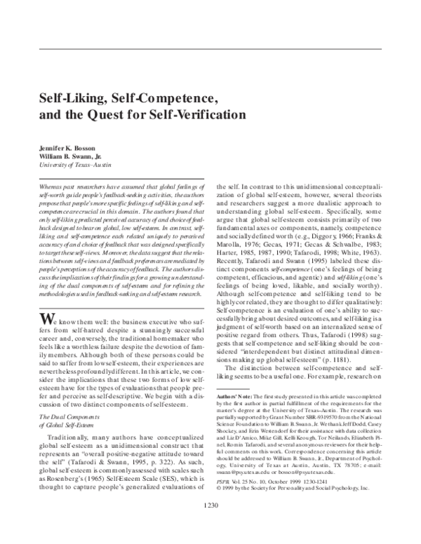 (PDF) Self-Liking, Self-Competence, and the Quest for Self-Verification