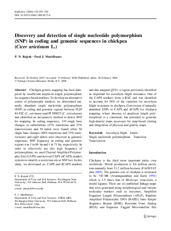 Pdf Discovery And Detection Of Single Nucleotide Polymorphism Snp In Coding And Genomic