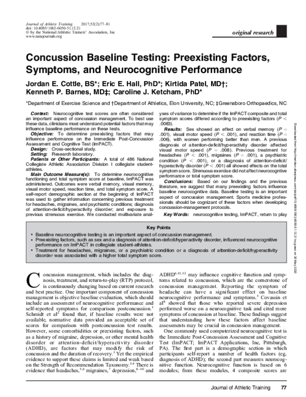 (PDF) Concussion Baseline Testing: Preexisting Factors, Symptoms, and ...