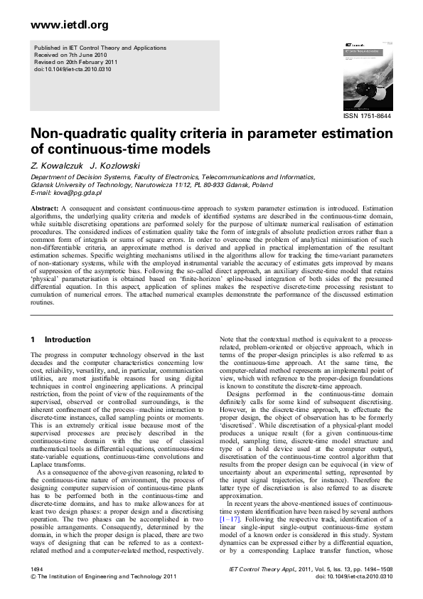 (PDF) Non-quadratic quality criteria in parameter estimation of continuous-time models