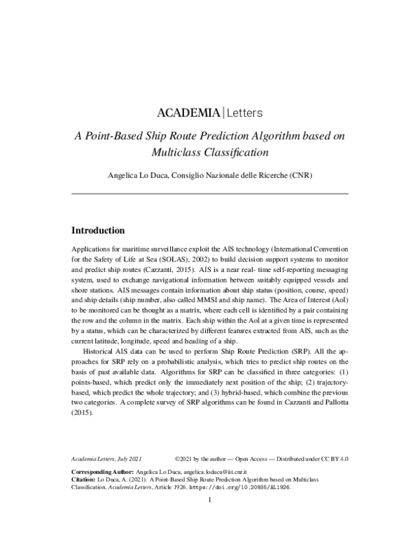 Pdf A Point Based Ship Route Prediction Algorithm Based On Multiclass Classification