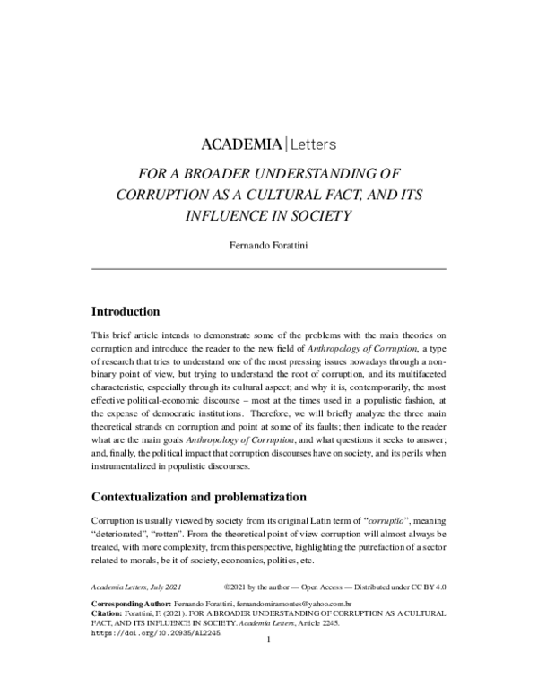 (PDF) FOR A BROADER UNDERSTANDING OF CORRUPTION AS A CULTURAL FACT, AND ...