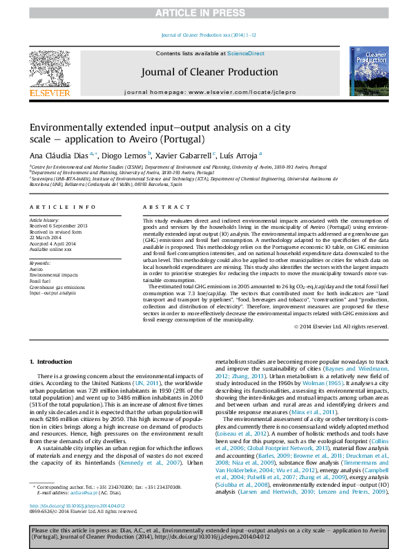 Pdf Environmentally Extended Input Output Analysis On A City Scale Application To Aveiro