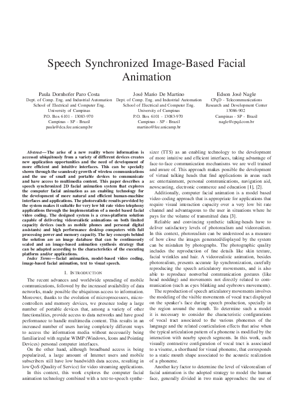 (PDF) Speech synchronized image-based facial animation