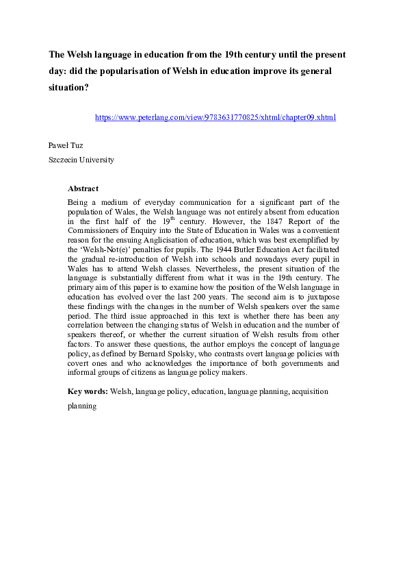 (PDF) The Welsh language in education from the 19th century until the ...