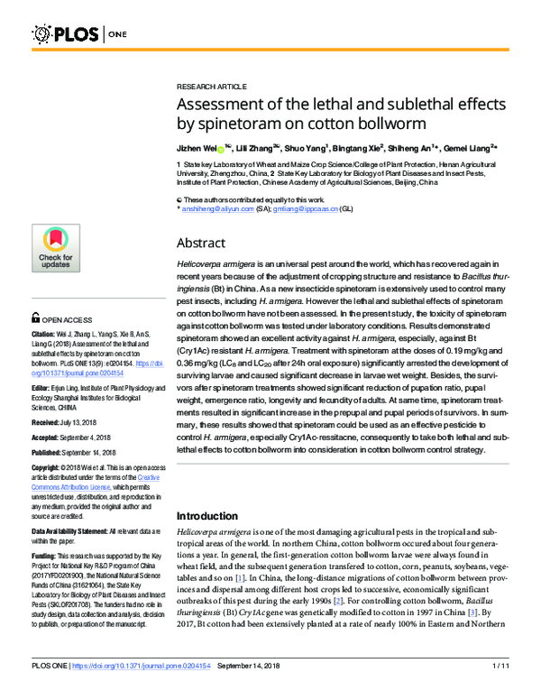(PDF) Assessment of the lethal and sublethal effects by spinetoram on cotton bollworm