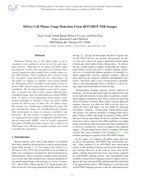 (PDF) Driver Cell Phone Usage Detection from HOV/HOT NIR Images