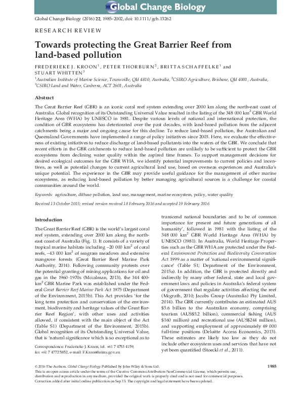 (PDF) Towards protecting the Great Barrier Reef from land-based pollution