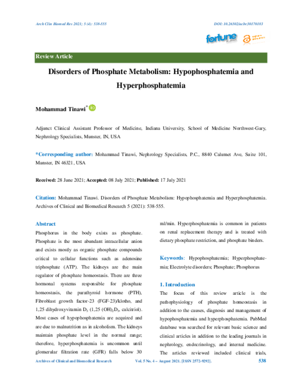 (PDF) Disorders of Phosphate Metabolism: Hypophosphatemia and ...