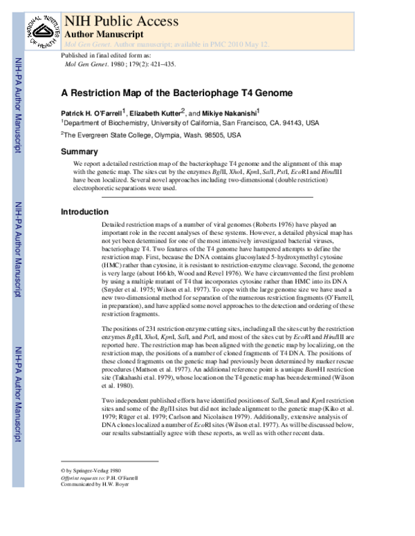 (PDF) A restriction map of the bacteriophage T4 genome