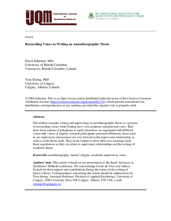 (PDF) Reconciling voices in writing an autoethnographic thesis