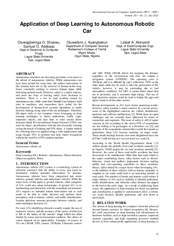 (PDF) Application of Deep Learning to Autonomous Robotic Car