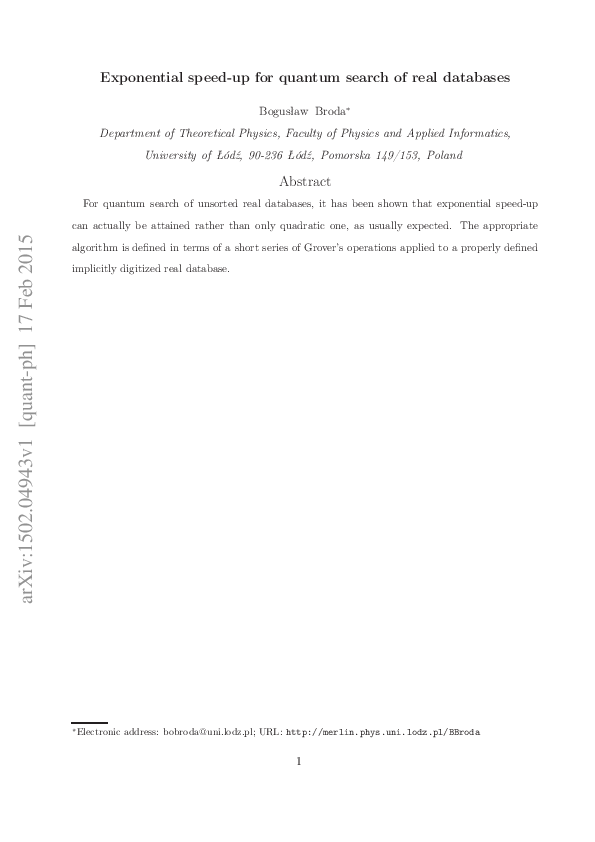 (PDF) Exponential speed-up for quantum search of real databases