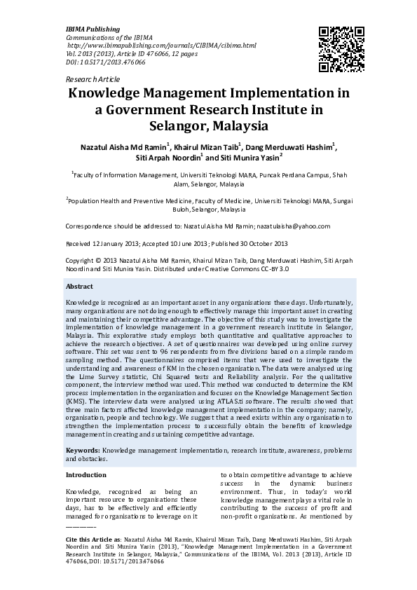(PDF) Knowledge Management Implementation in a Government Research Institute in Selangor, Malaysia