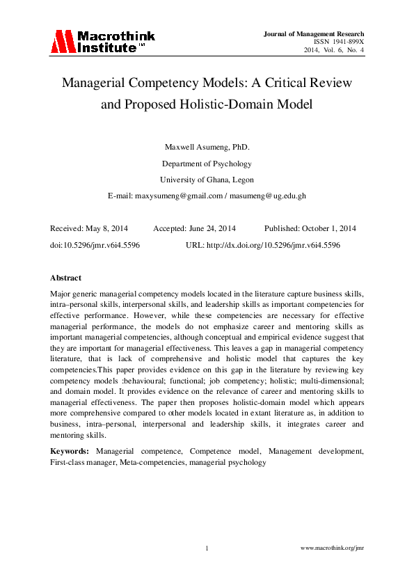 (PDF) Managerial Competency Models: A Critical Review and Proposed ...