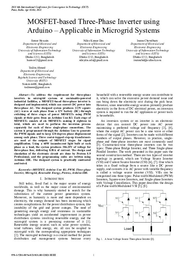Pdf Mosfet Based Three Phase Inverter Using Arduino Applicable In Microgrid Systems